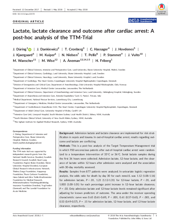 (PDF) Lactate, lactate clearance and outcome after cardiac arrest: A ...