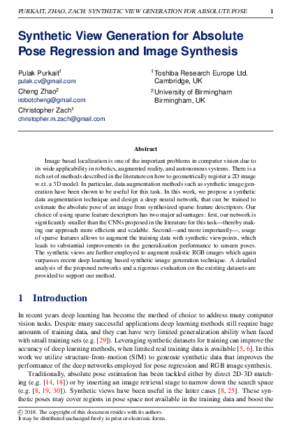 Pdf Synthetic View Generation For Absolute Pose Regression And Image Synthesis
