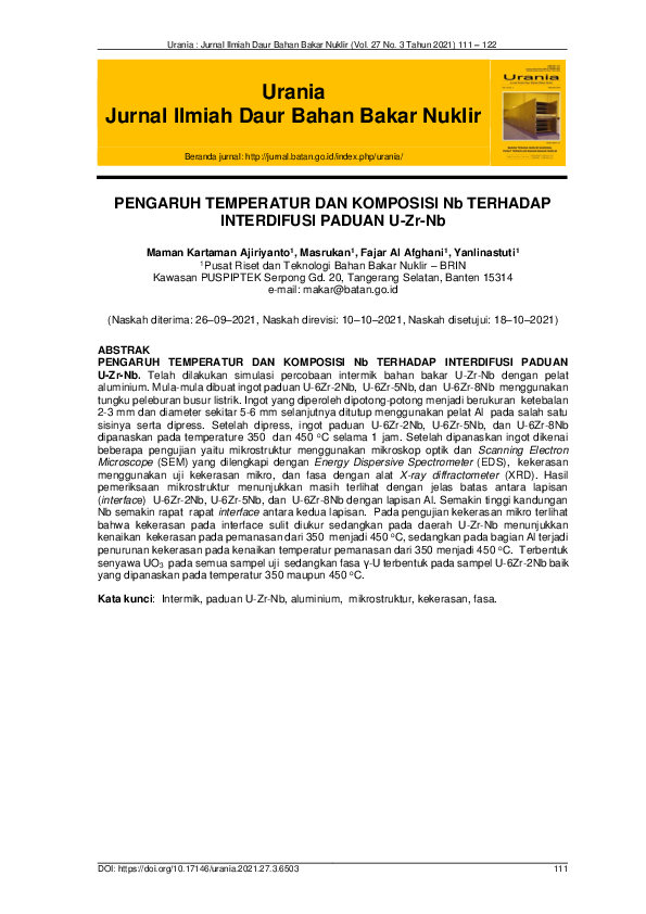 (PDF) PENGARUH TEMPERATUR DAN KOMPOSISI Nb TERHADAP INTERDIFUSI PADUAN U-Zr-Nb