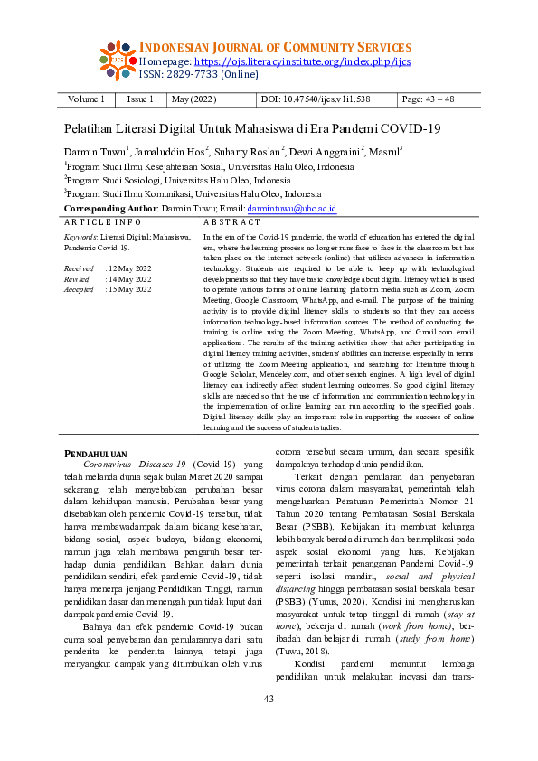 (PDF) Pelatihan Literasi Digital Untuk Mahasiswa di Era Pandemi COVID-19