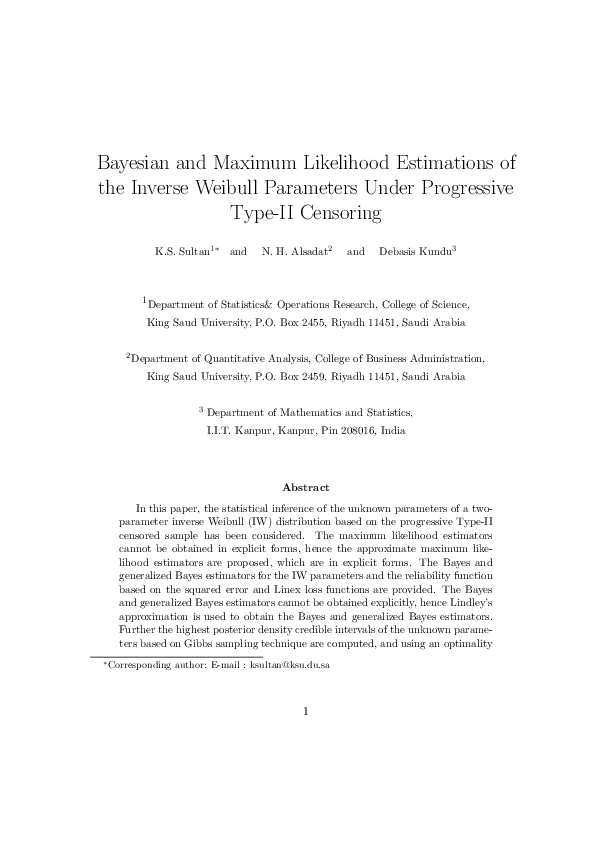 Pdf Bayesian And Maximum Likelihood Estimations Of The Inverse Weibull Parameters Under