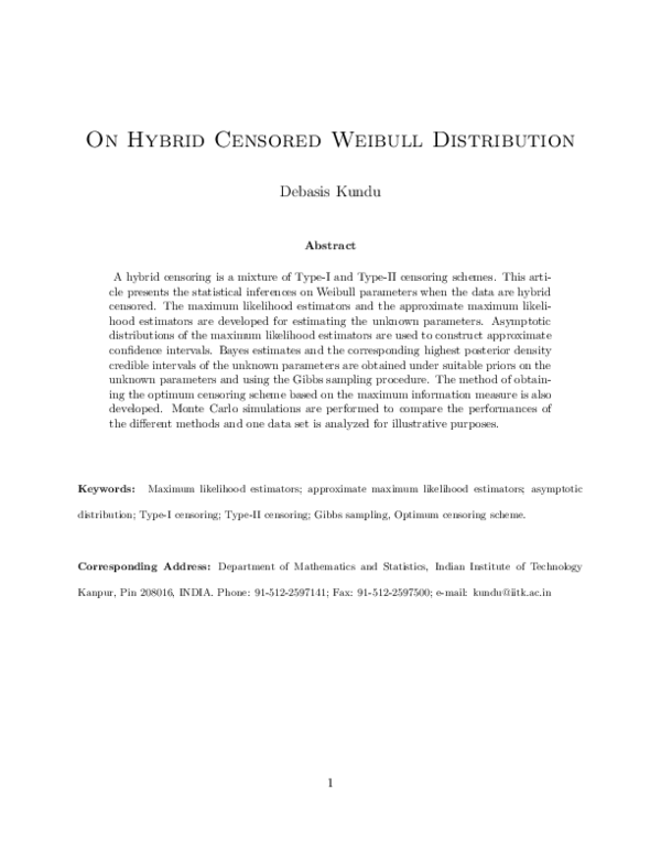 Pdf On Hybrid Censored Weibull Distribution