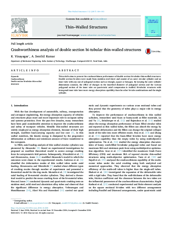 Pdf Crashworthiness Analysis Of Double Section Bi Tubular Thin Walled Structures