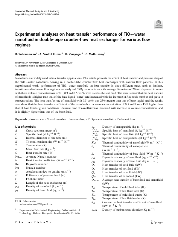 (PDF) Experimental analyses on heat transfer performance of TiO2–water nanofluid in double-pipe ...