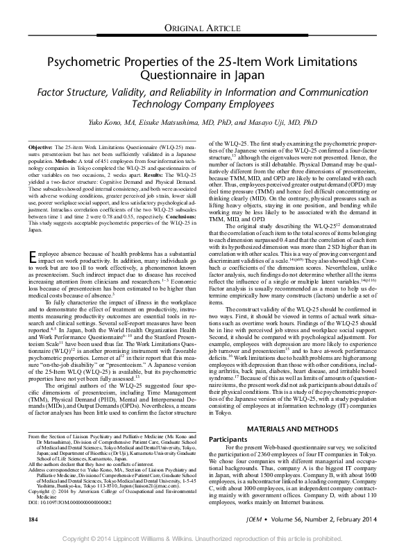 (PDF) Psychometric Properties of the 25-Item Work Limitations ...