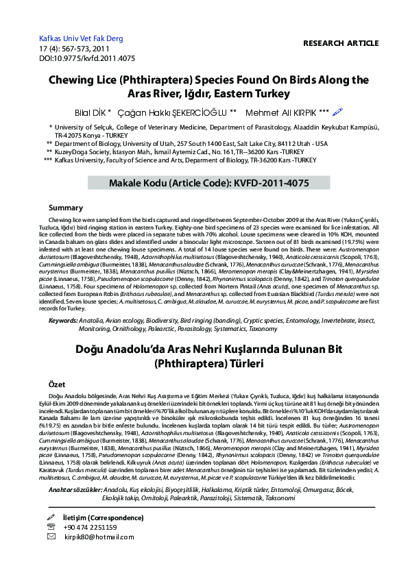 (PDF) Chewing Lice Species on Birds in Eastern Turkey