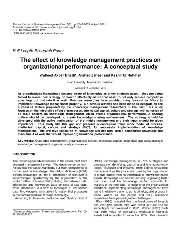 (PDF) The effect of knowledge management practices on organizational performance: A conceptual study