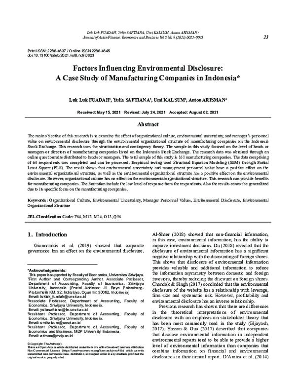 (PDF) Factors Influencing Environmental Disclosure a Case Study of ...