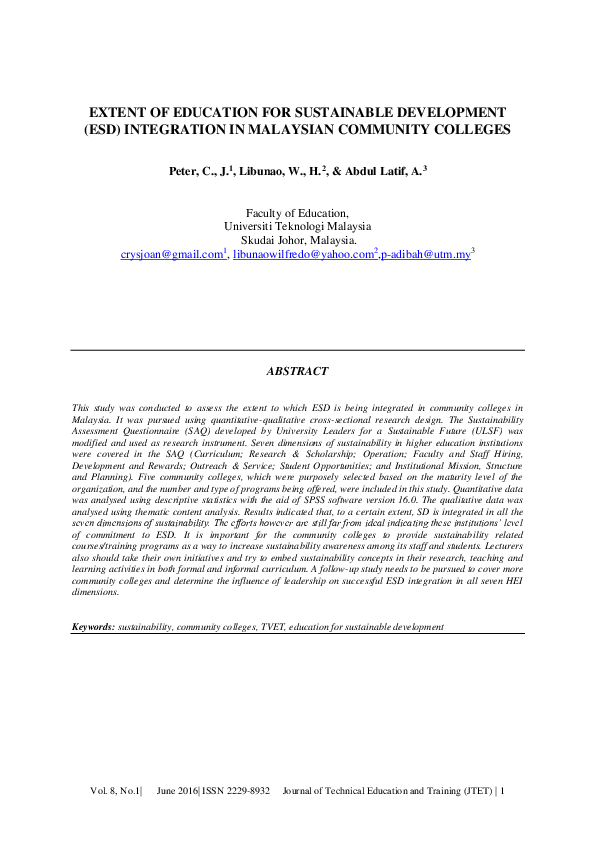 (PDF) Extent of education for sustainable development (ESD) integration in Malaysian community ...