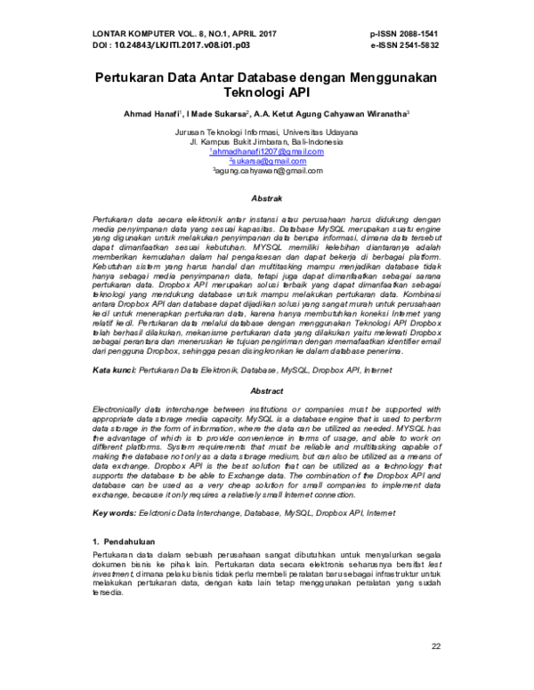 (PDF) Pertukaran Data Antar Database Dengan Menggunakan Teknologi API
