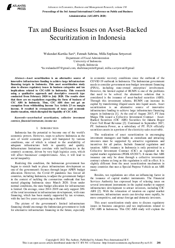 (PDF) Tax and Business Issues on Asset-Backed Securitization in Indonesia