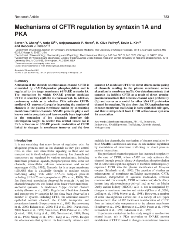 (PDF) Mechanisms of CFTR regulation by syntaxin 1A and PKA