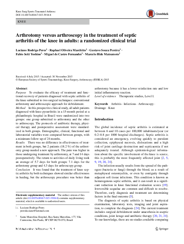 (PDF) Arthrotomy versus arthroscopy in the treatment of septic ...