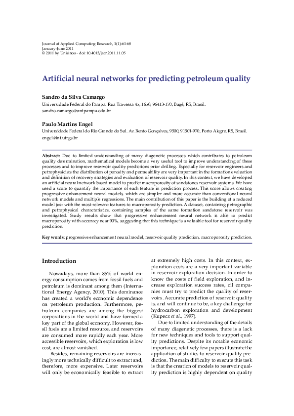 (PDF) Artificial neural networks for predicting petroleum quality | Sandro Camargo - Academia.edu