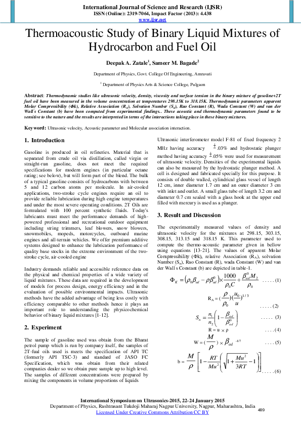 (PDF) Thermoacoustic Study of Binary Liquid Mixtures of Hydrocarbon and Fuel Oil