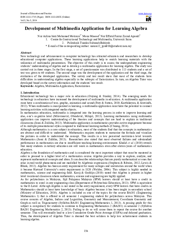 (PDF) Development of Multimedia Application for Learning Algebra