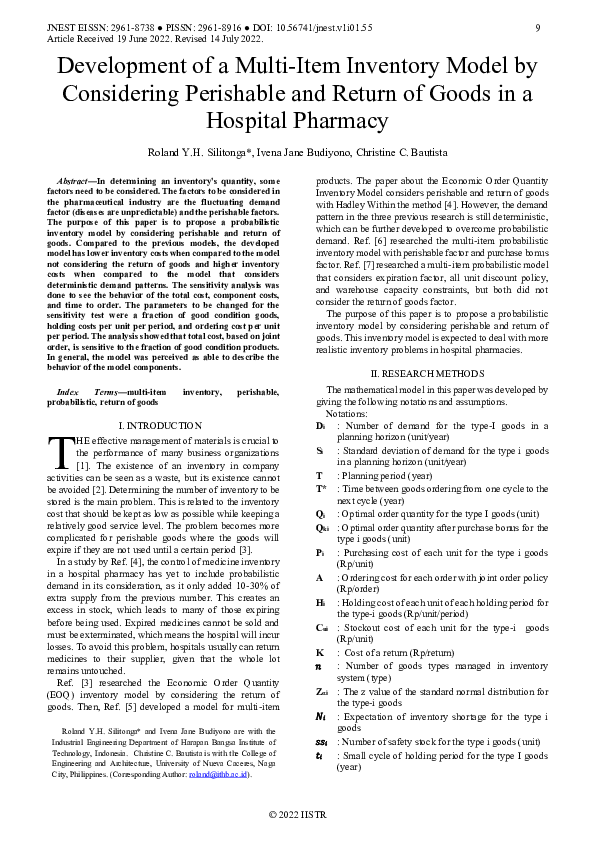 Pdf Development Of A Multi Item Inventory Model By Considering Perishable And Return Of Goods