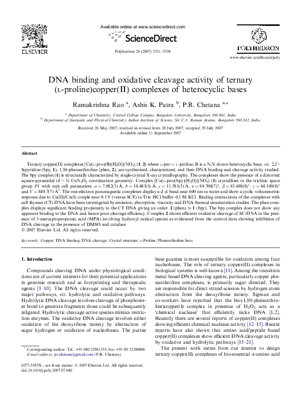 (PDF) DNA binding and oxidative cleavage activity of ternary (l-proline)copper(II) complexes of ...