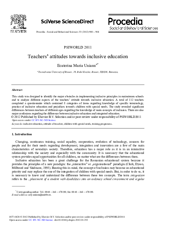 Pdf Teachers Attitudes And Obstacles To Inclusion 