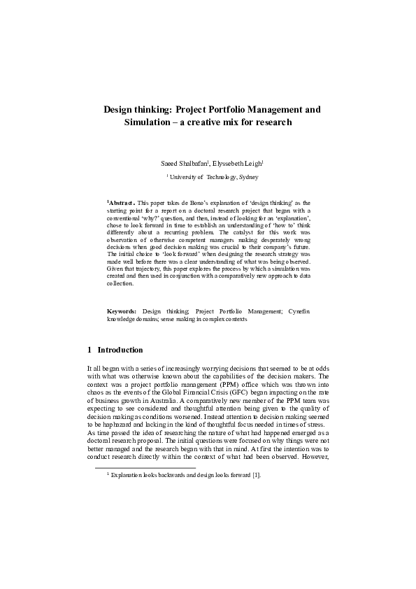 (PDF) Design Thinking: Project Portfolio Management and Simulation - A ...