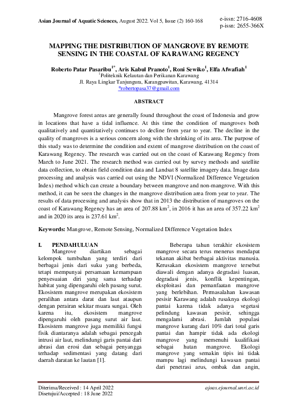 Pdf Mapping The Distribution Of Mangrove By Remote Sensing In The