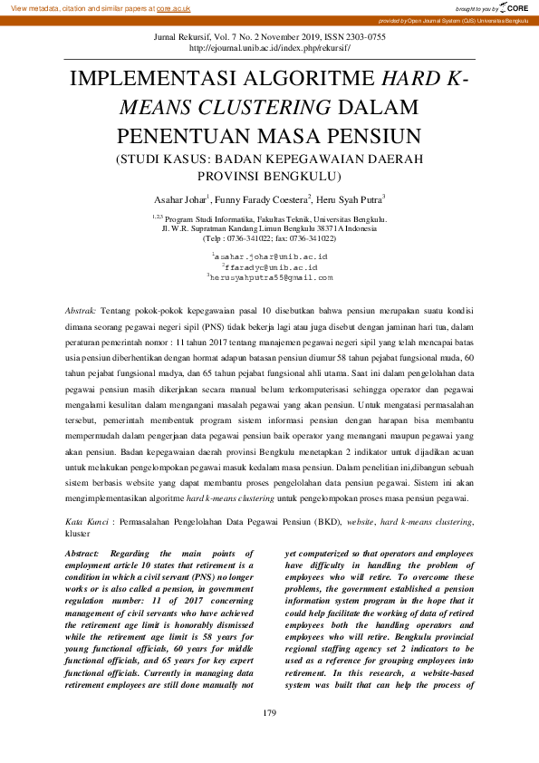(PDF) Implementasi Algoritme Hard K-Means Clustering Dalam Penentuan Masa Pensiun (Studi Kasus ...