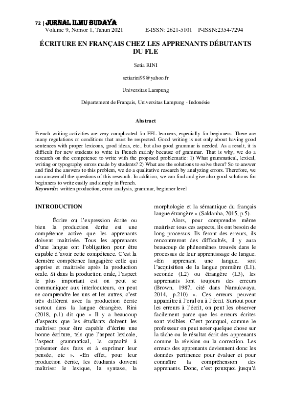 (PDF) Écriture en Français Chez Les Apprenants Débutants