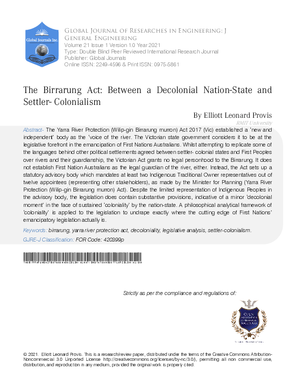 (PDF) The Birrarung Act: Between a Decolonial Nation-State and Settler ...