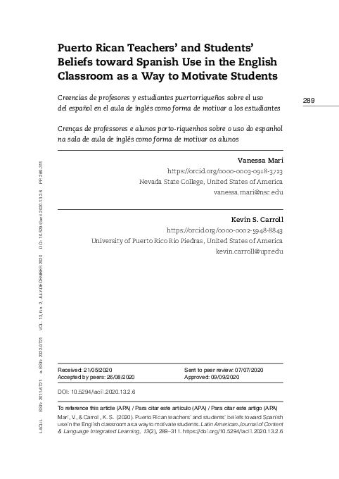 (PDF) Puerto Rican Teachers’ and Students’ Beliefs toward Spanish Use ...