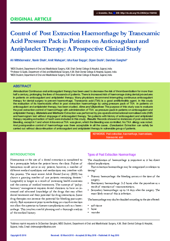 (PDF) Control of Post Extraction Haemorrhage by Tranexamic Acid ...