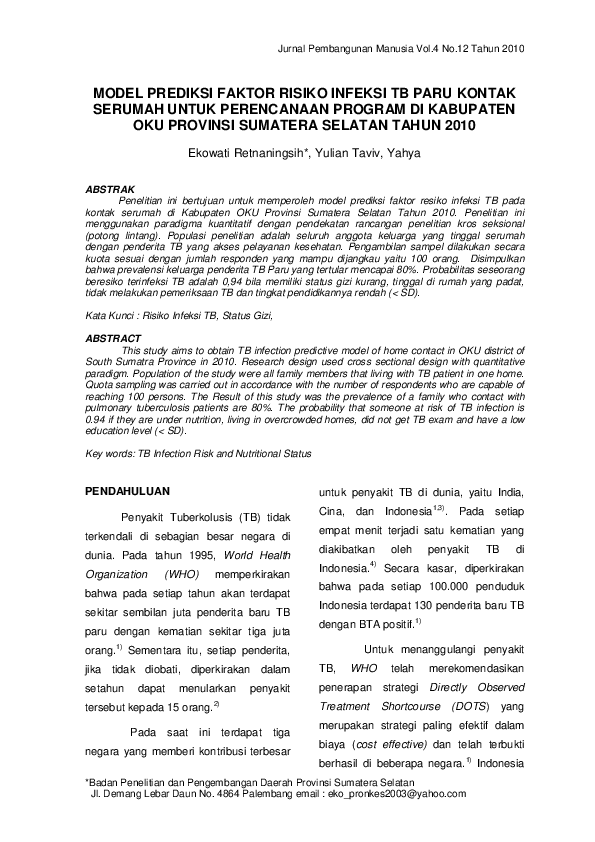 (PDF) Model Prediksi Faktor Risiko Infeksi TB Paru Kontak Serumah Untuk ...