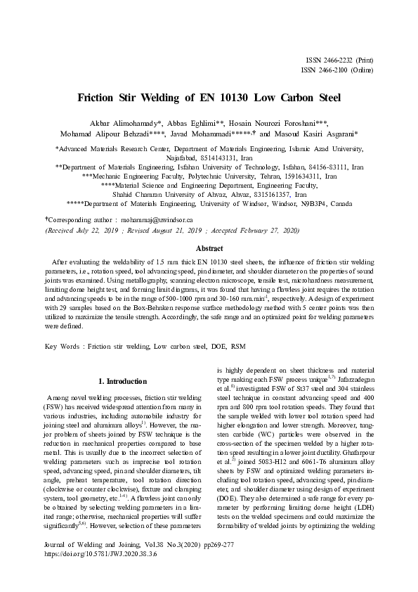 (PDF) Friction Stir Welding of EN 10130 Low Carbon Steel
