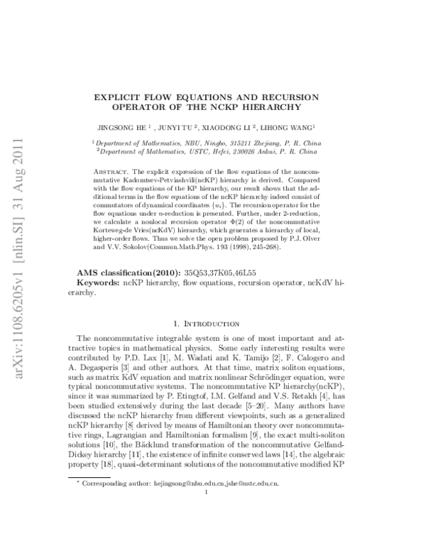 (PDF) Explicit flow equations and recursion operator of the ncKP hierarchy | Junyi Tu - Academia.edu