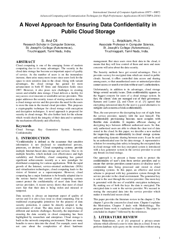 Pdf A Novel Approach For Ensuring Data Confidentiality In Public Cloud Storage