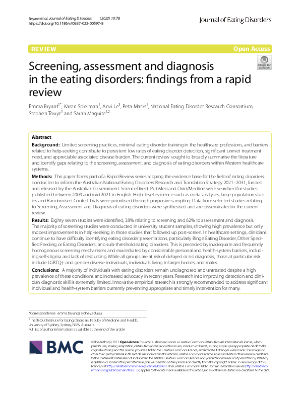 (PDF) Screening, assessment and diagnosis in the eating disorders ...