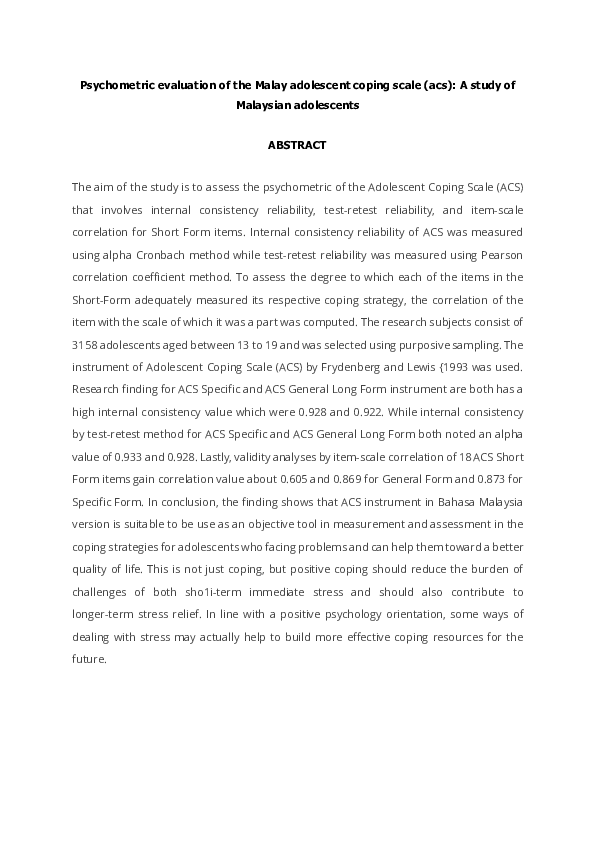 (PDF) Psychometric evaluation of the Malay adolescent coping scale (ACS ...