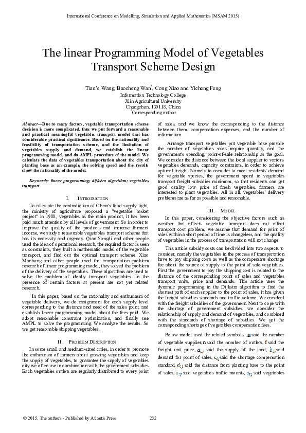 (PDF) The linear Programming Model of Vegetables Transport Scheme Design