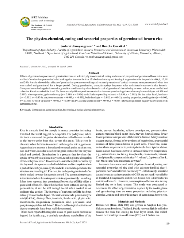 (PDF) The physico-chemical, eating and sensorial properties of germinated brown rice