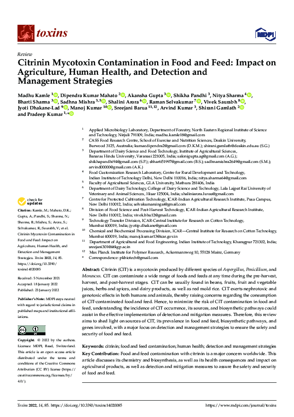 (PDF) Citrinin Mycotoxin Contamination in Food and Feed: Impact on Agriculture, Human Health ...