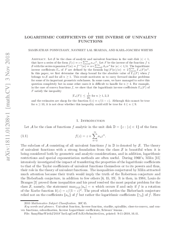 Pdf Logarithmic Coefficients Of The Inverse Of Univalent Functions