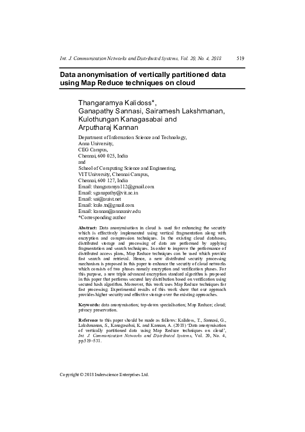 Data Anonymisation Of Vertically Partitioned Data Using Map Reduce Techniques On Cloud