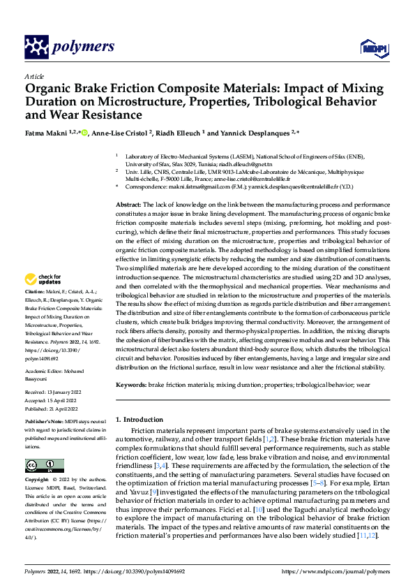 (PDF) Organic Brake Friction Composite Materials: Impact of Mixing ...