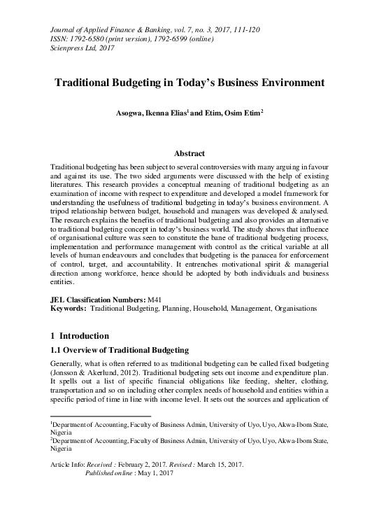 (PDF) Traditional Budgeting in Todayâ€™s Business Environment