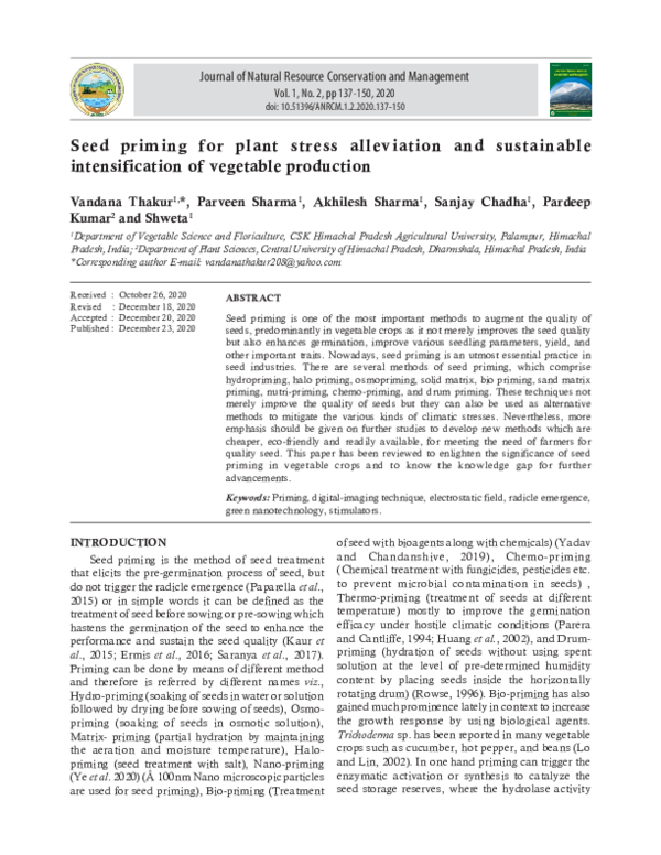 (PDF) Seed priming for plant stress alleviation and sustainable intensification of vegetable ...