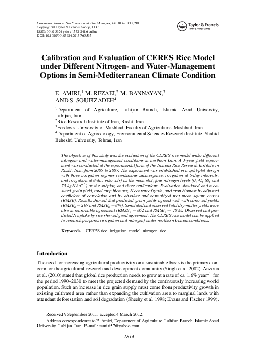 Pdf Calibration And Evaluation Of Ceres Rice Model Under Different Nitrogen And Water