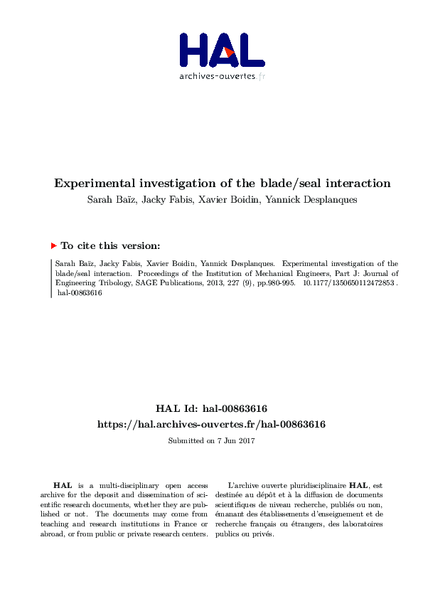 (PDF) Experimental investigation of the blade/seal interaction ... (PDF) Experimental investigation of the blade/seal interaction ...