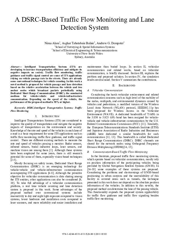 Pdf A Dsrc Based Traffic Flow Monitoring And Lane Detection System Nima Alam