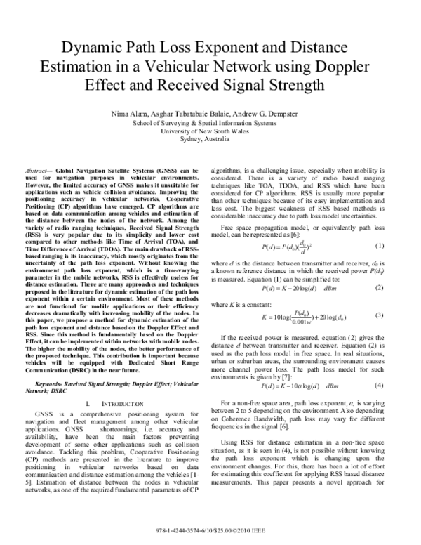 Pdf Dynamic Path Loss Exponent And Distance Estimation In A Vehicular Network Using Doppler