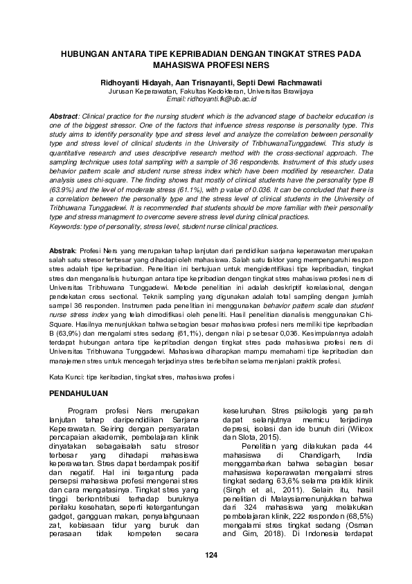 (PDF) Hubungan Antara Tipe Kepribadian Dengan Tingkat Stres Pada Mahasiswa Profesi Ners
