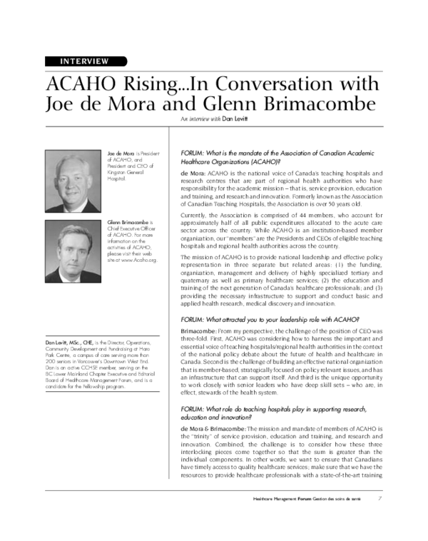 (PDF) ACAHO Rising…In Conversation with Joe de Mora and Glenn Brimacombe